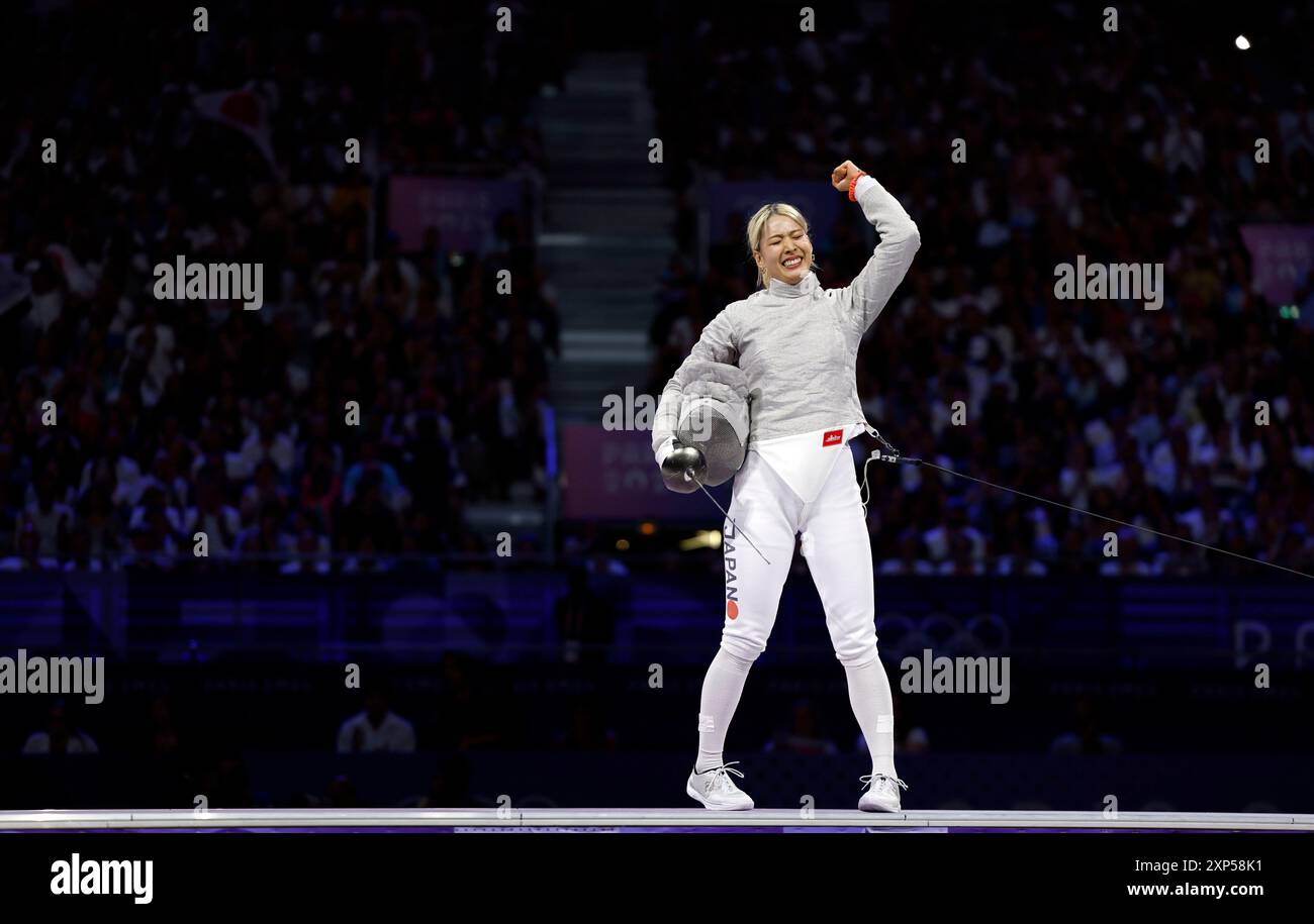 Paris, France. 3rd Aug, 2024. Emura Misaki of Japan celebrates her team ...