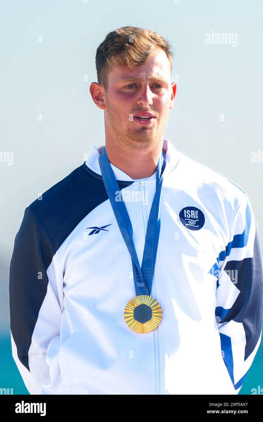 Paris, France. 3rd Aug 2024. Tom Reuveny (Israel) Gold medal, Sailing ...