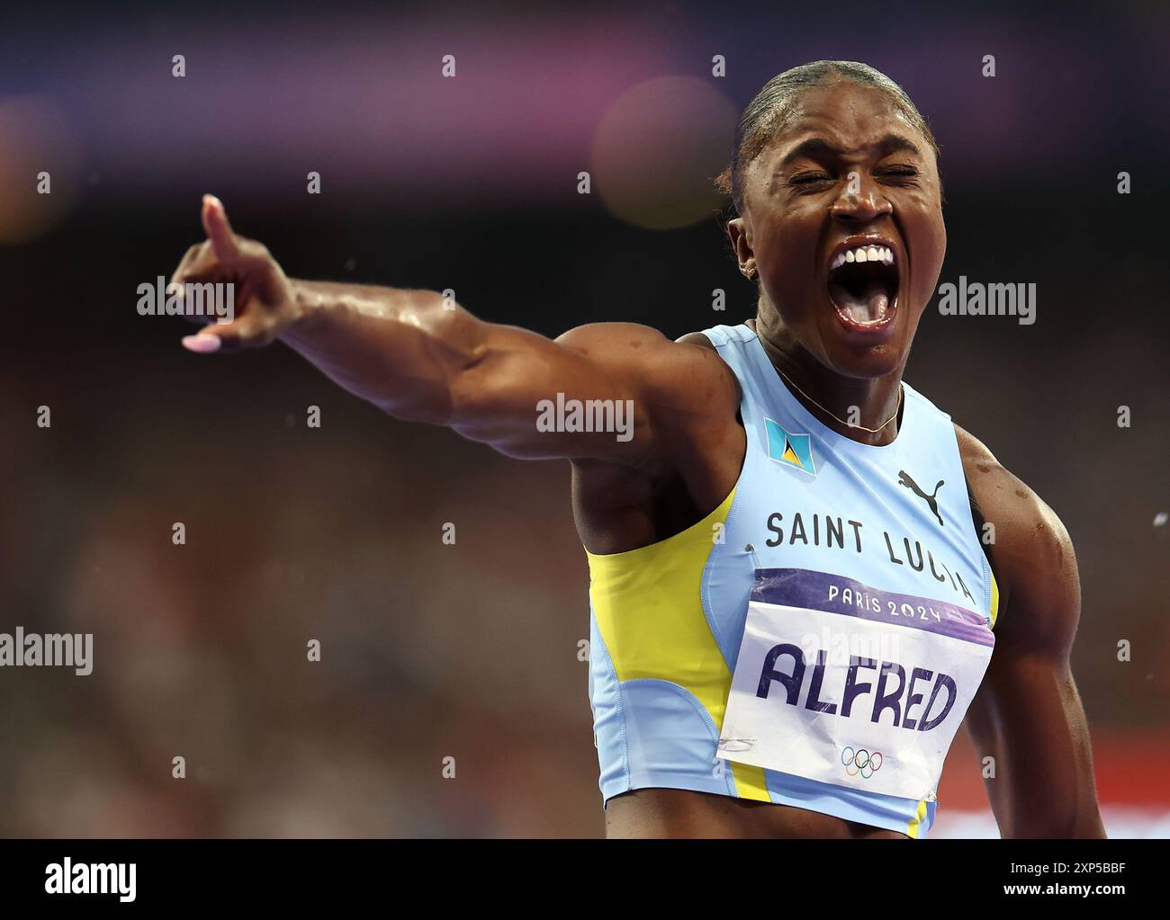 Paris, France. 3rd Aug, 2024. Julien Alfred of Saint Lucia reacts after ...