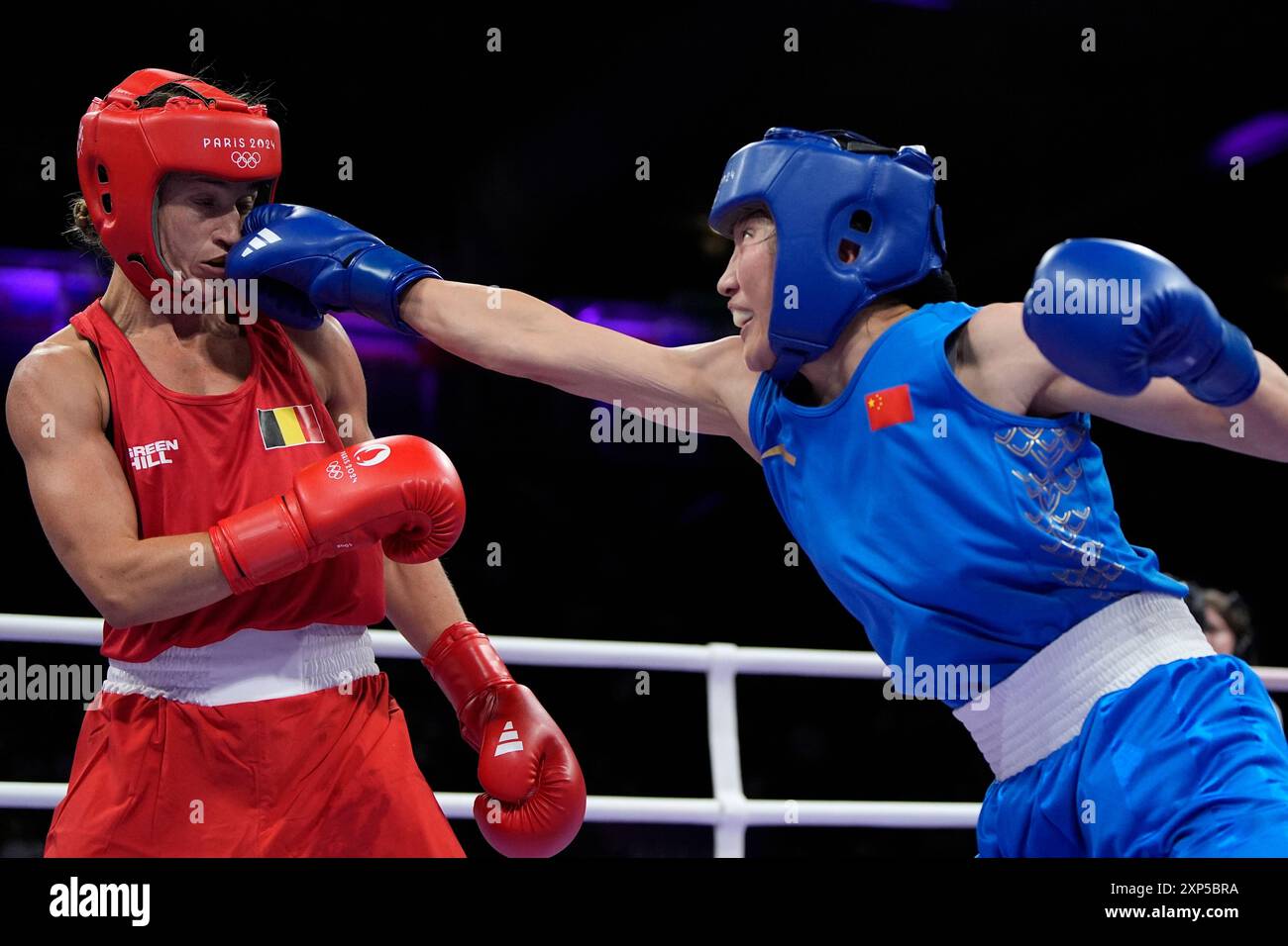 Belgium's Oshin Derieuw, left, fights China's Yang Liu in their women's ...