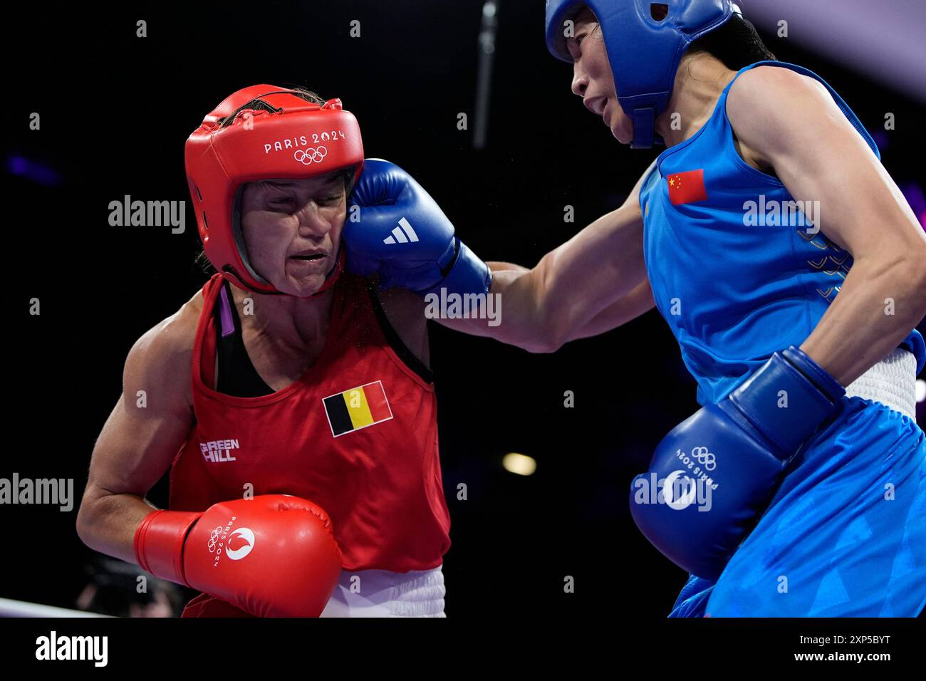 Belgium's Oshin Derieuw, left, fights China's Yang Liu in their women's ...