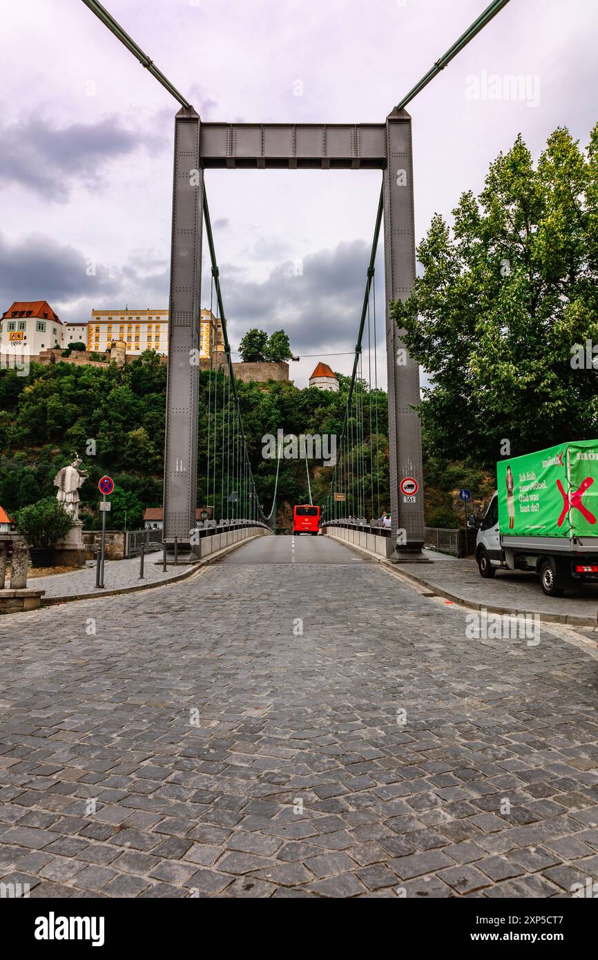 Passau, Germany - July 21, 2023: View of suspension bridge in Danube ...