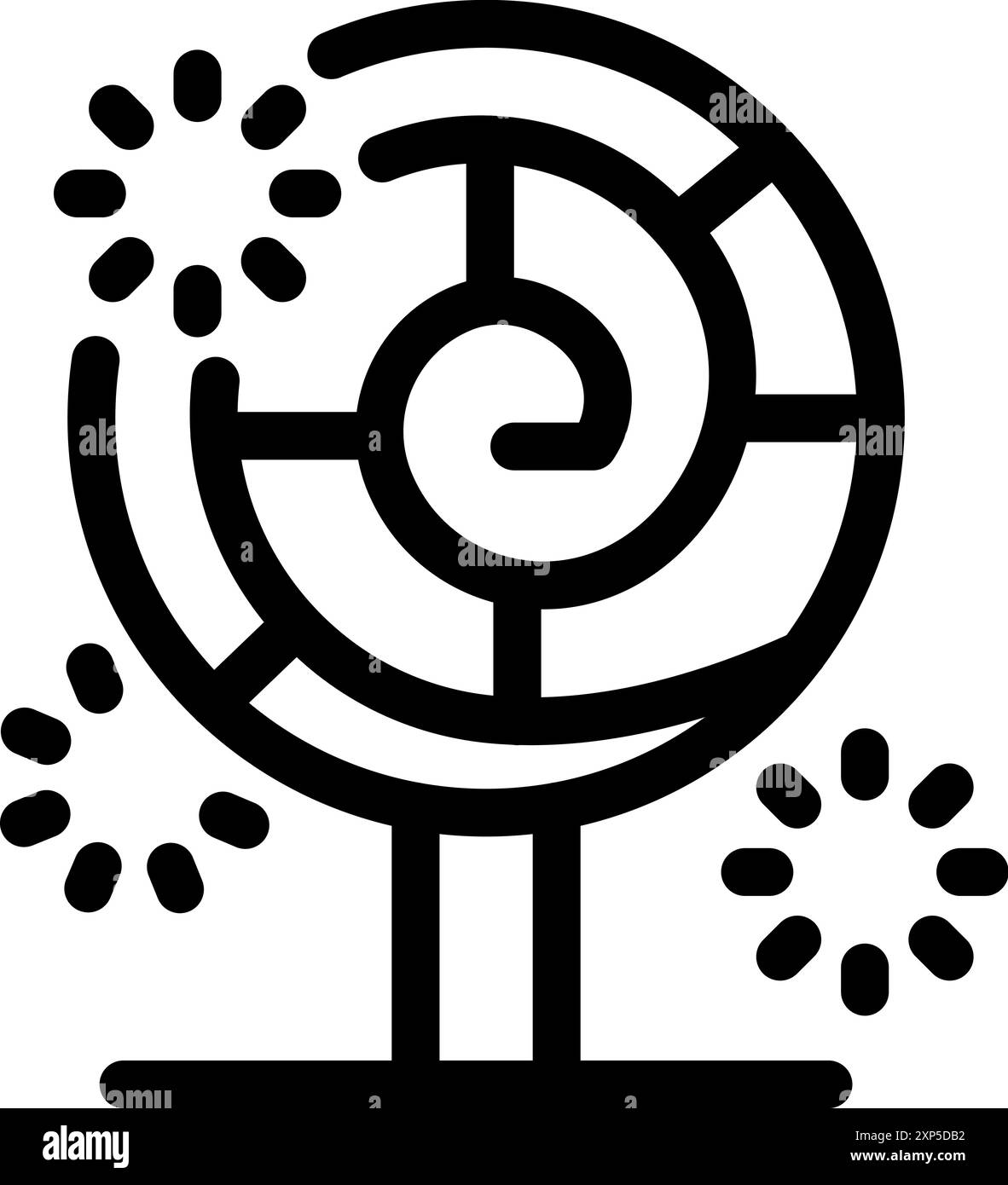 Round maze surrounded by sparkles standing on a base, representing a ...
