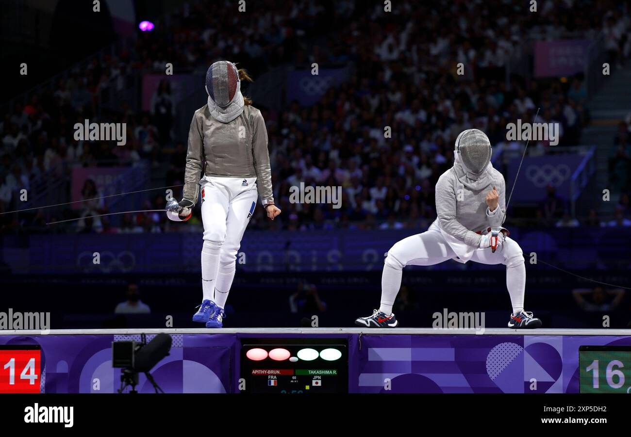 Paris, France. 3rd Aug, 2024. Takashima Risa (R) of Japan and Manon Apithy-Brunet of France ...