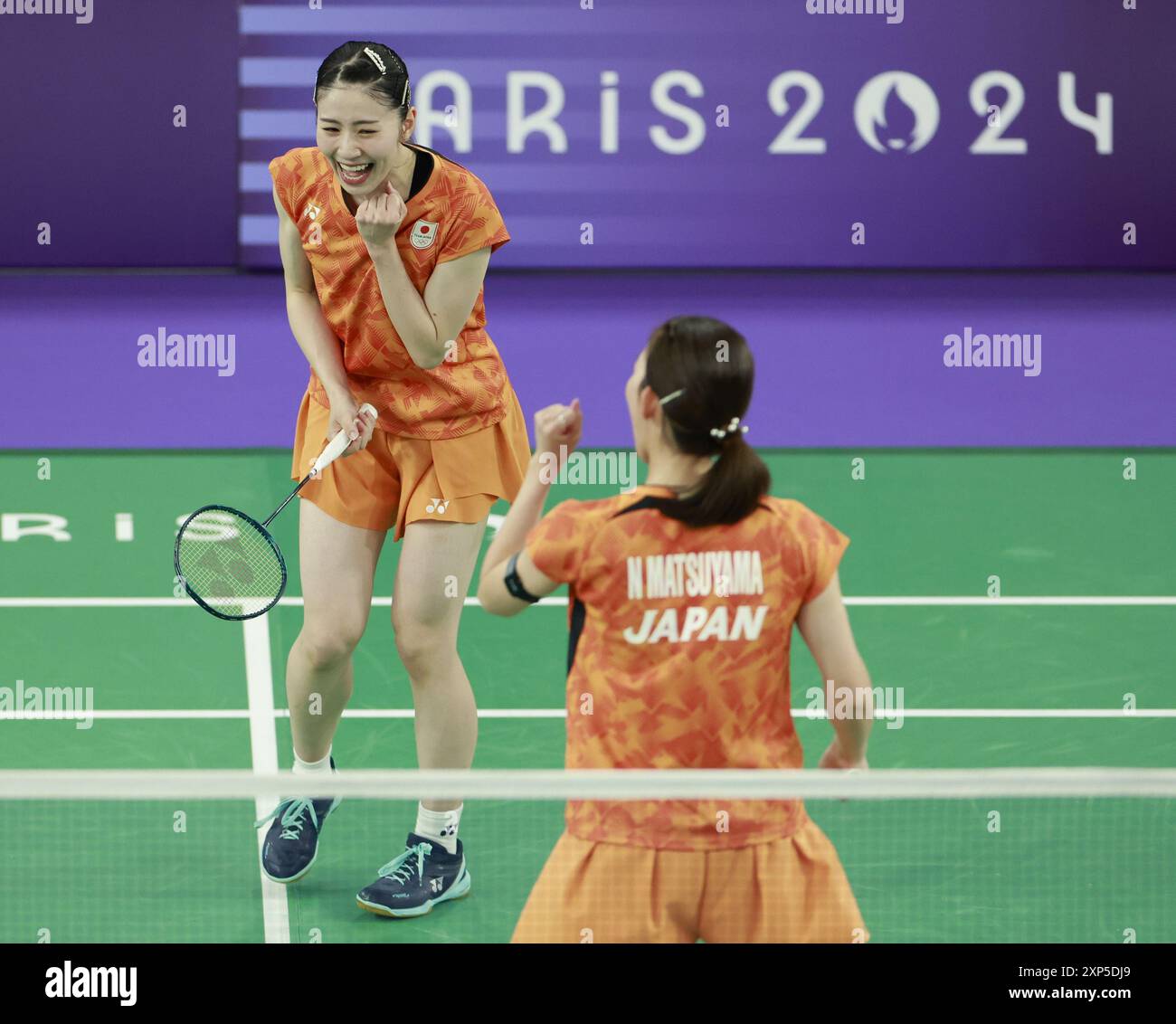 Paris, France. 3rd Aug, 2024. Matsuyama Nami/Shida Chiharu (top) of Japan celebrate scoring ...