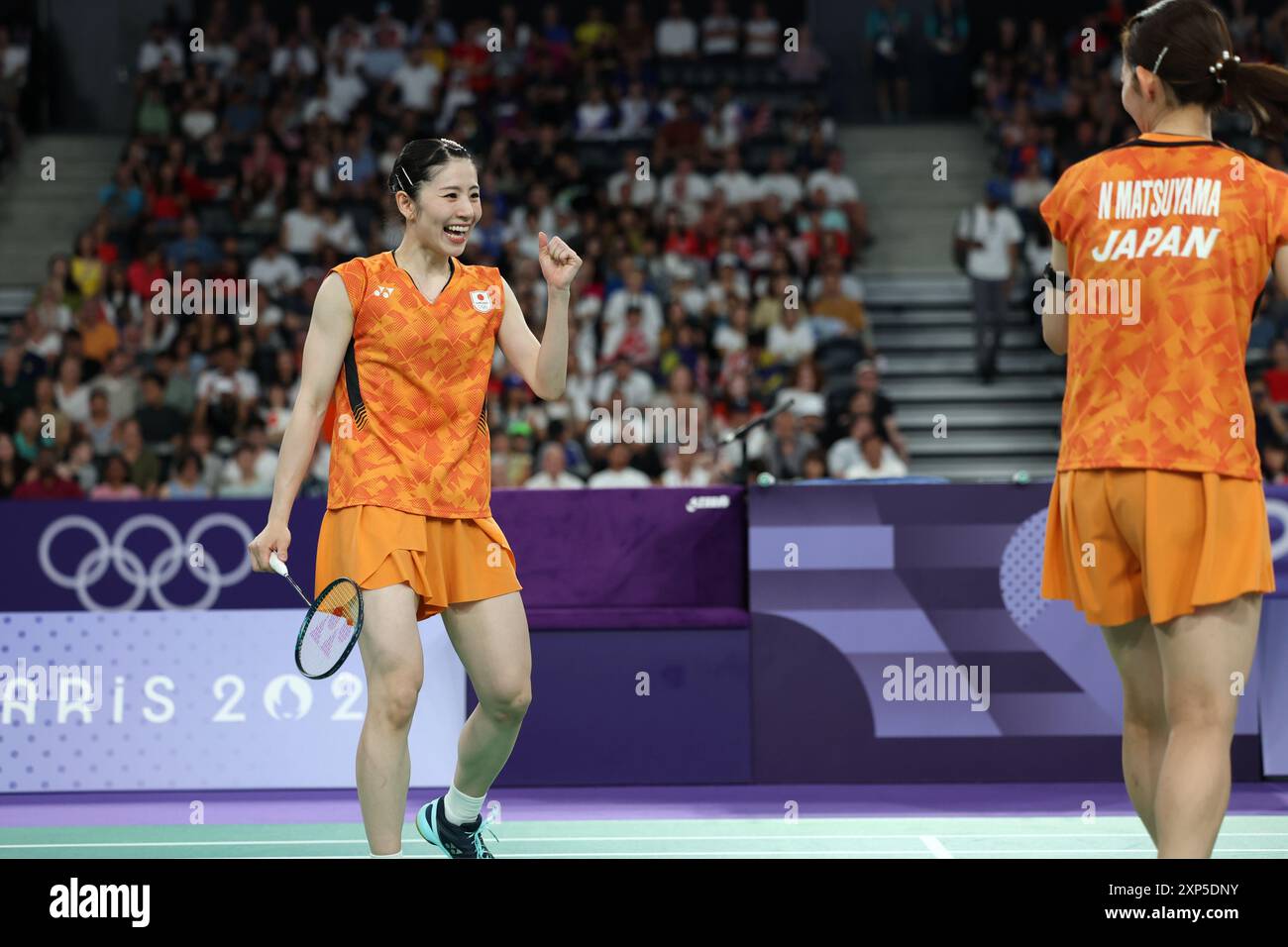 Paris, France. 3rd Aug, 2024. Matsuyama Nami/Shida Chiharu (L) of Japan celebrate scoring during ...