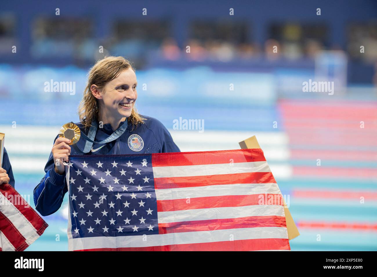 Paris, France. 03rd Aug, 2024. Katie Ledecky of Team USA with her gold ...