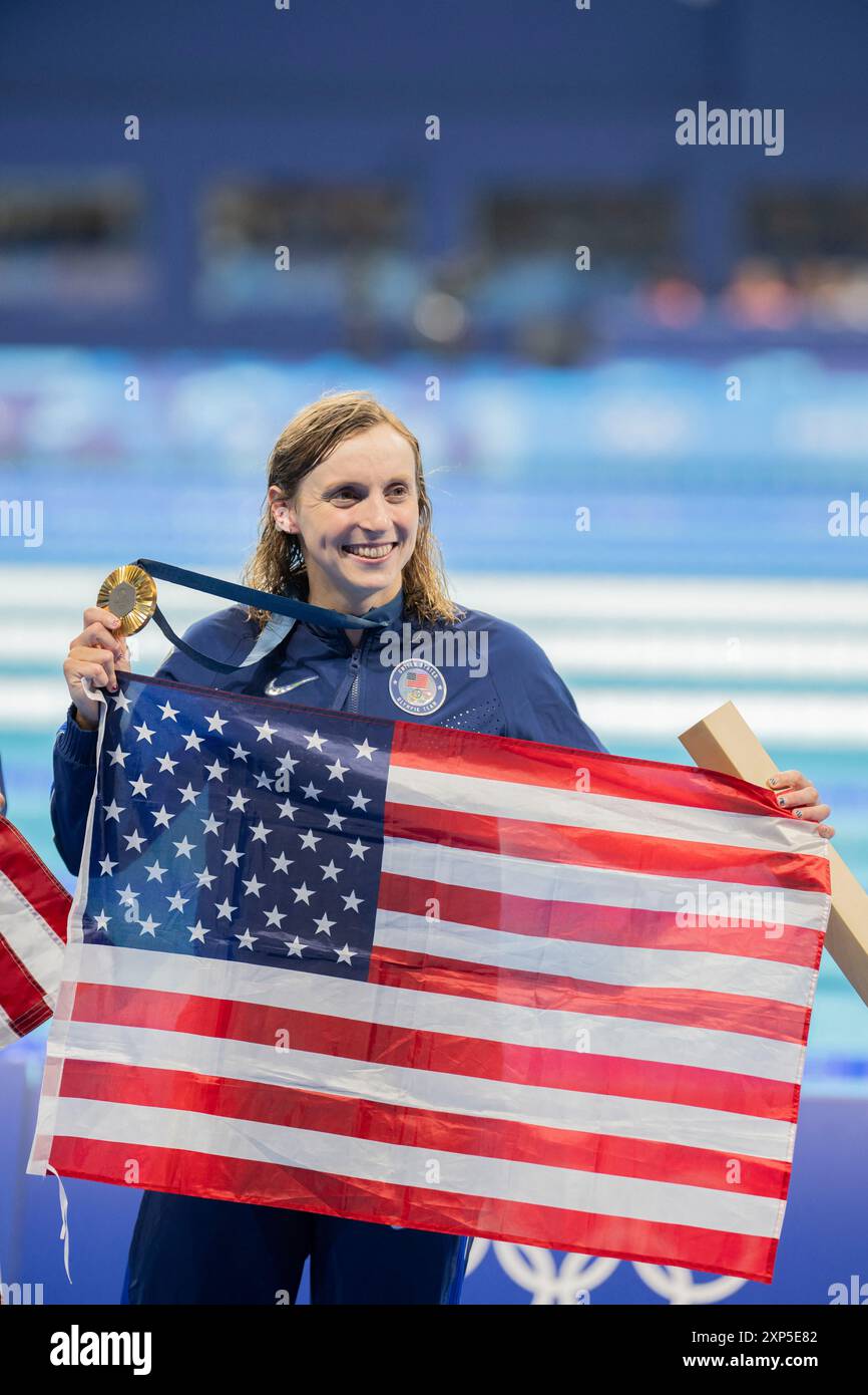 Paris, France. 03rd Aug, 2024. Katie Ledecky of Team USA with her gold ...
