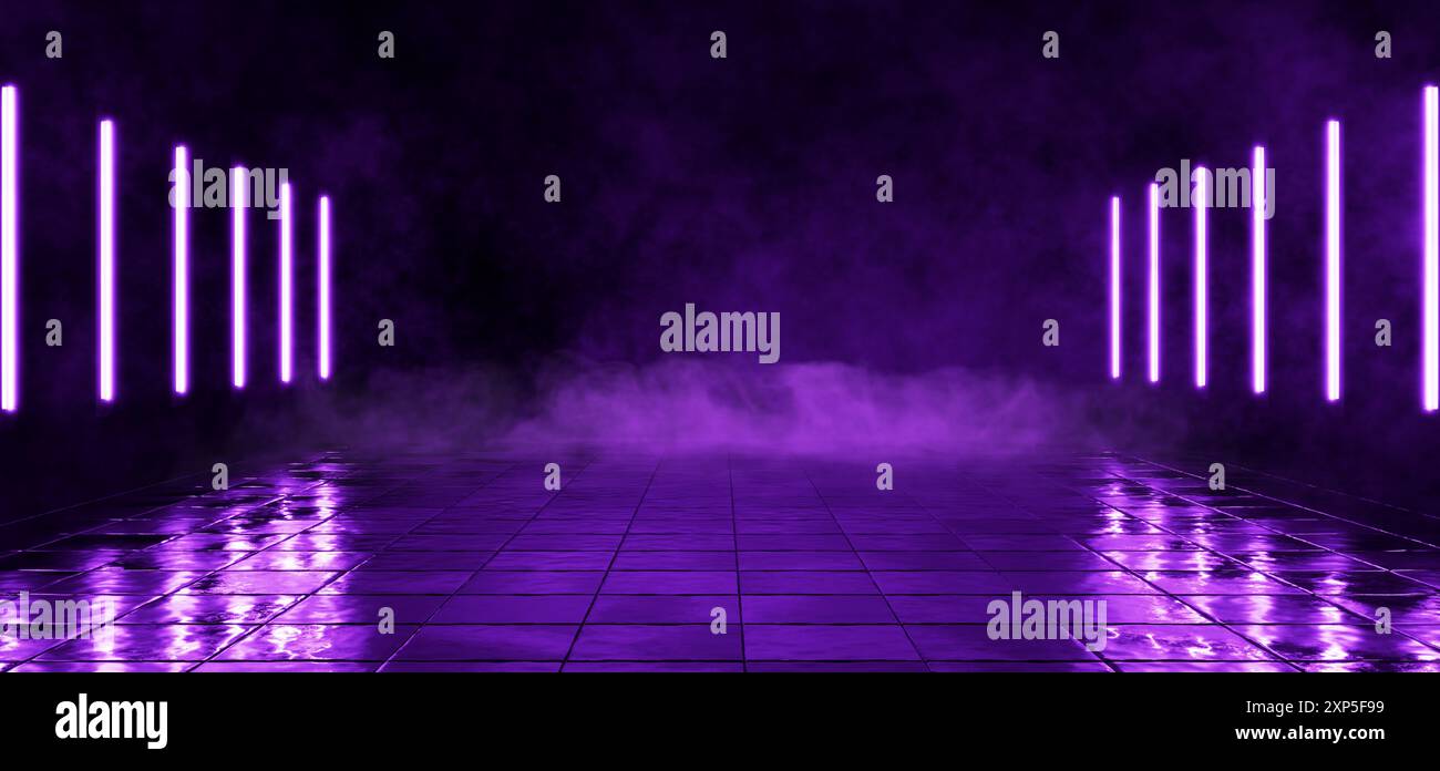 Garage or hangar with purple neon light. Cement floor with fog and ...