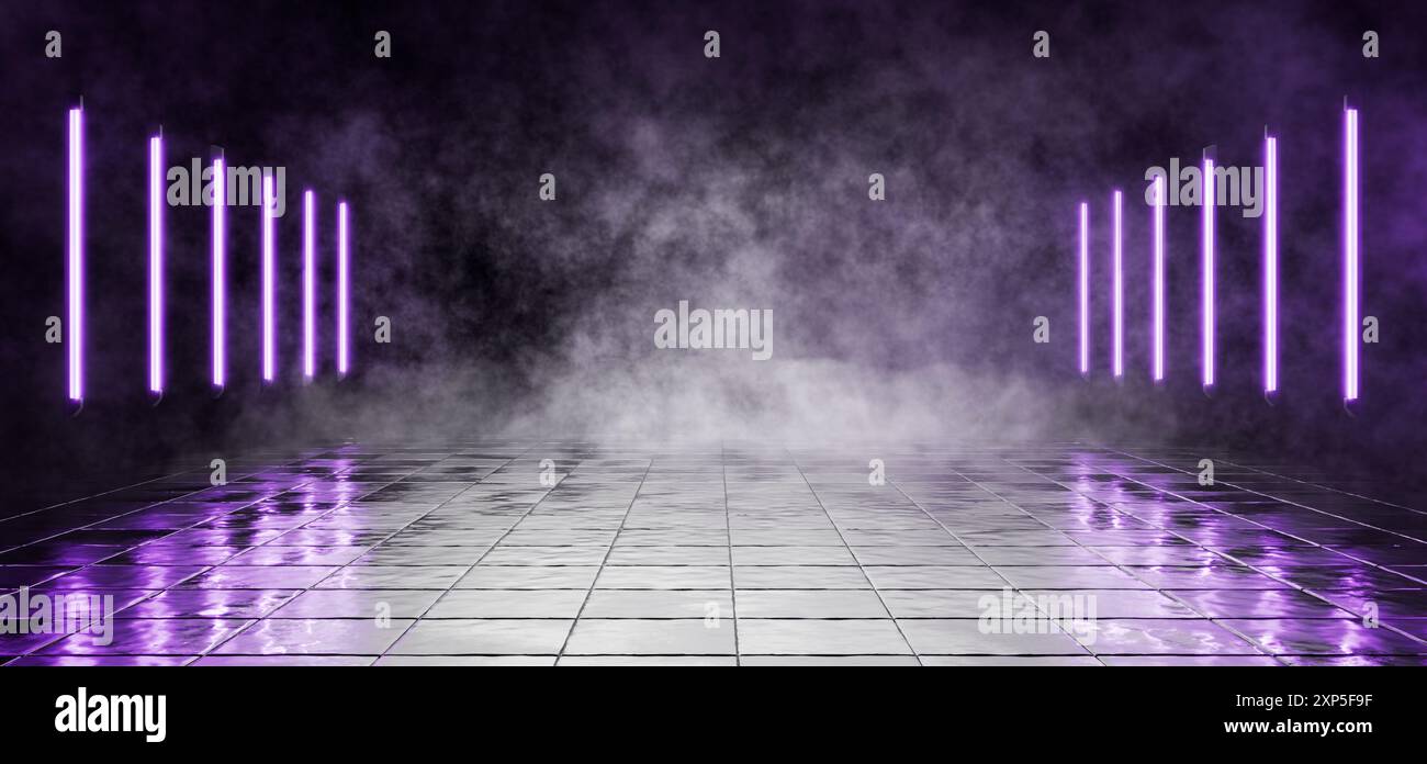 Dark empty street with wet tiles and purple neon light. Black ...