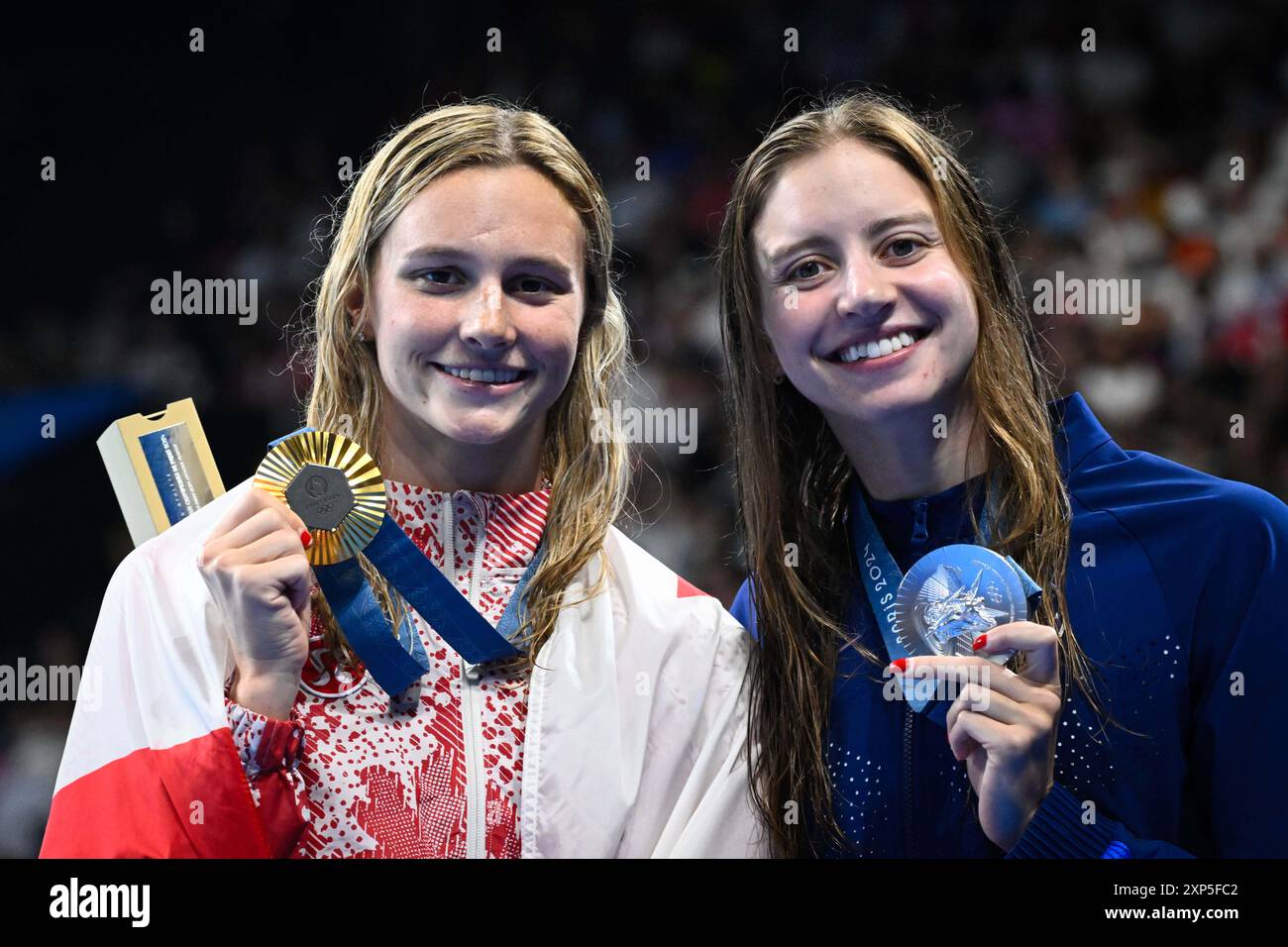 Paris, France. 3rd Aug 2024. Summer McIntosh ( CAN ) Gold medal, Kate Douglass ( USA ) Silver ...