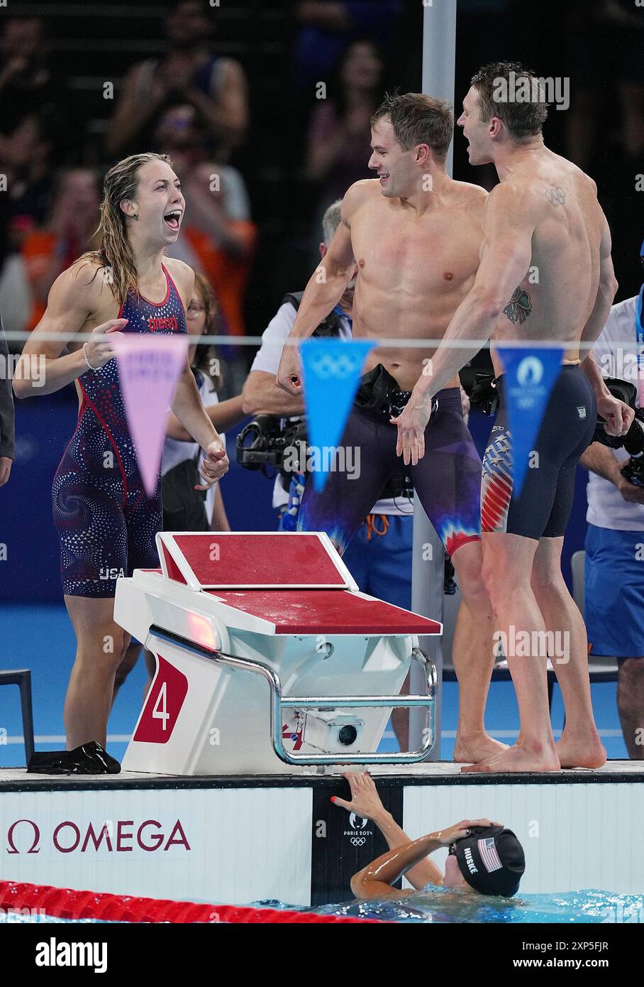 Paris, France. 3rd Aug, 2024. Team USA celebrate after the mixed 4 x ...