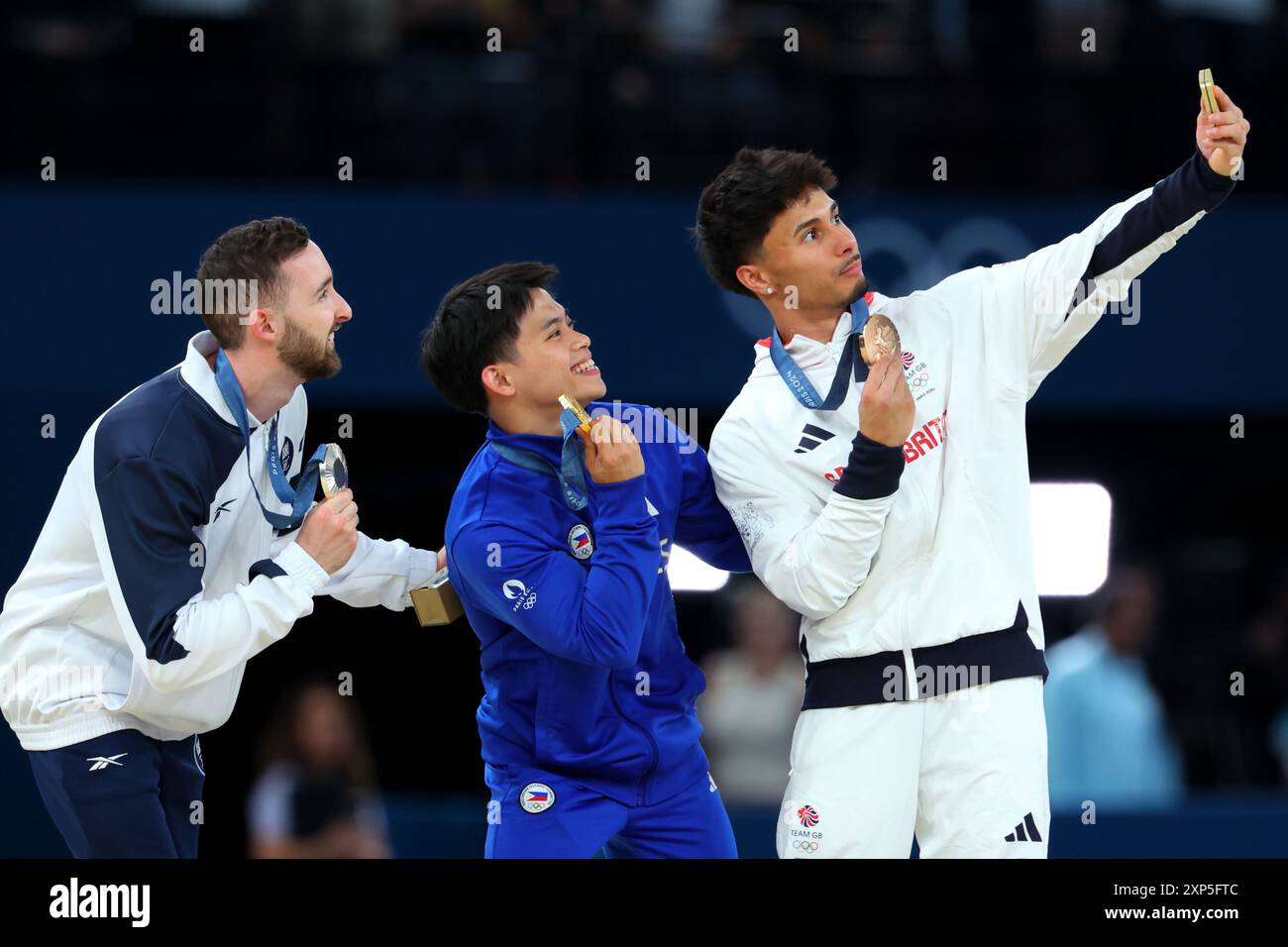 Paris, France. 3rd Aug, 2024. (L-R) Artem Dolgopyat (ISR), Carlos Yulo ...