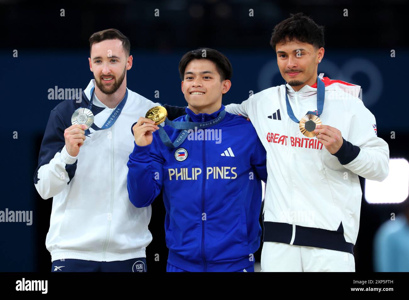 Paris, France. 3rd Aug, 2024. (L-R) Artem Dolgopyat (ISR), Carlos Yulo ...