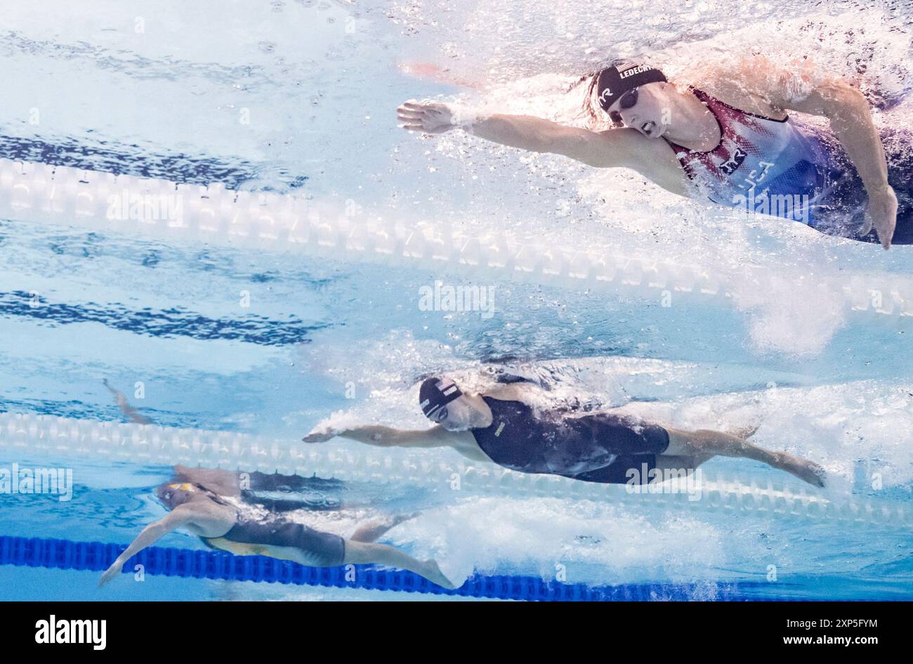 Paris, France. 3rd Aug, 2024. Katie Ledecky (R) of the United States ...