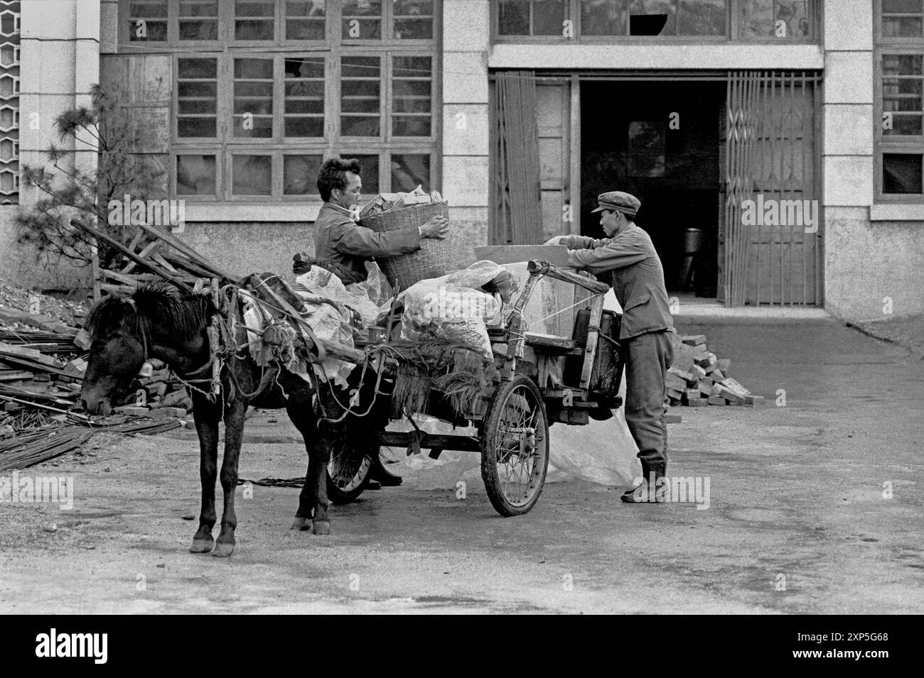 Peasants load a horse cart with goods in the rural village of Dali ...