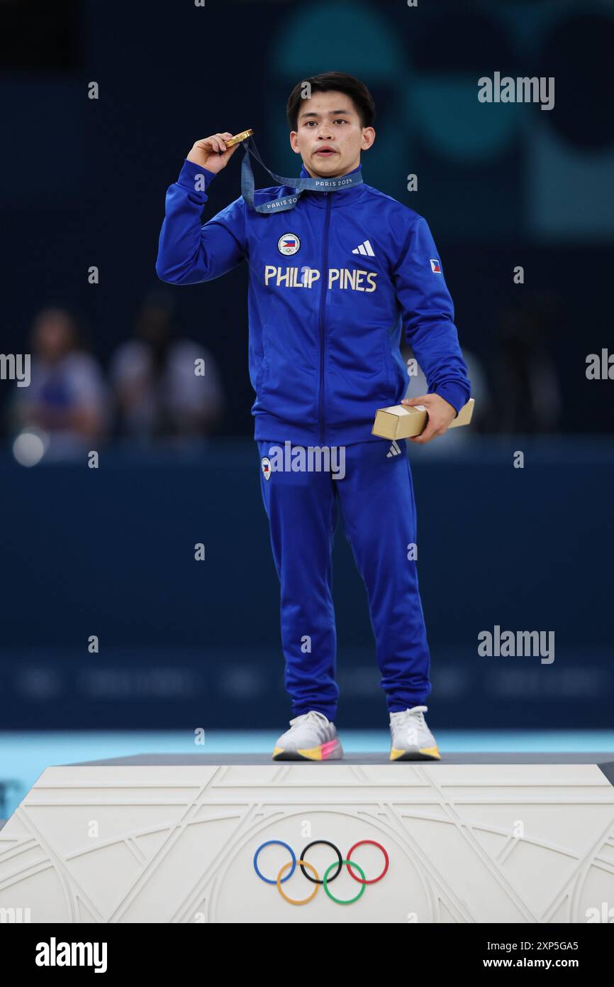 PARIS, FRANCE. 3rd Aug, 2024. Gold medalist Carlos Edriel Yulo of Team ...