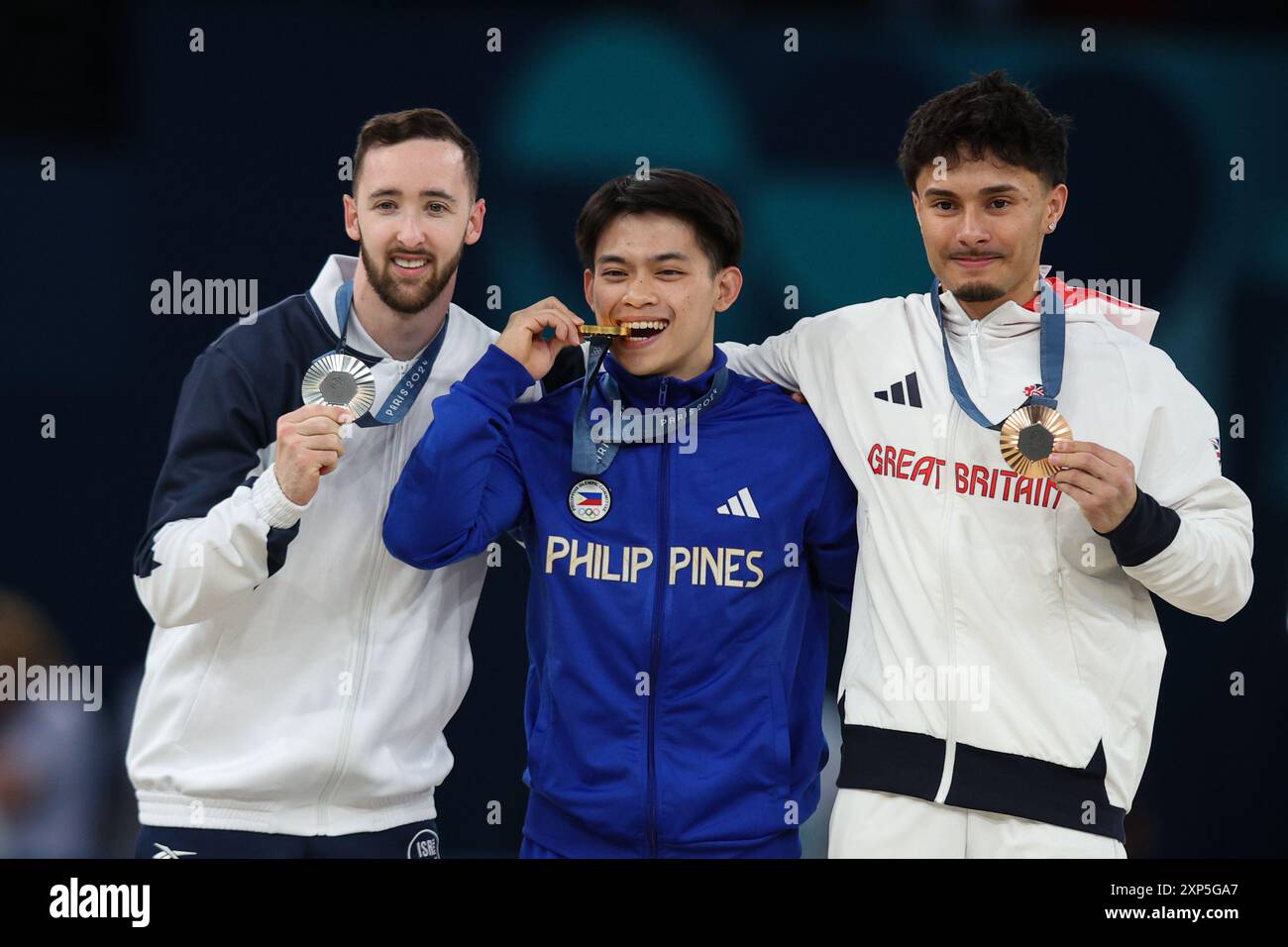 PARIS, FRANCE. 3rd Aug, 2024. (L-R) Silver medalist Artem Dolgopyat of ...