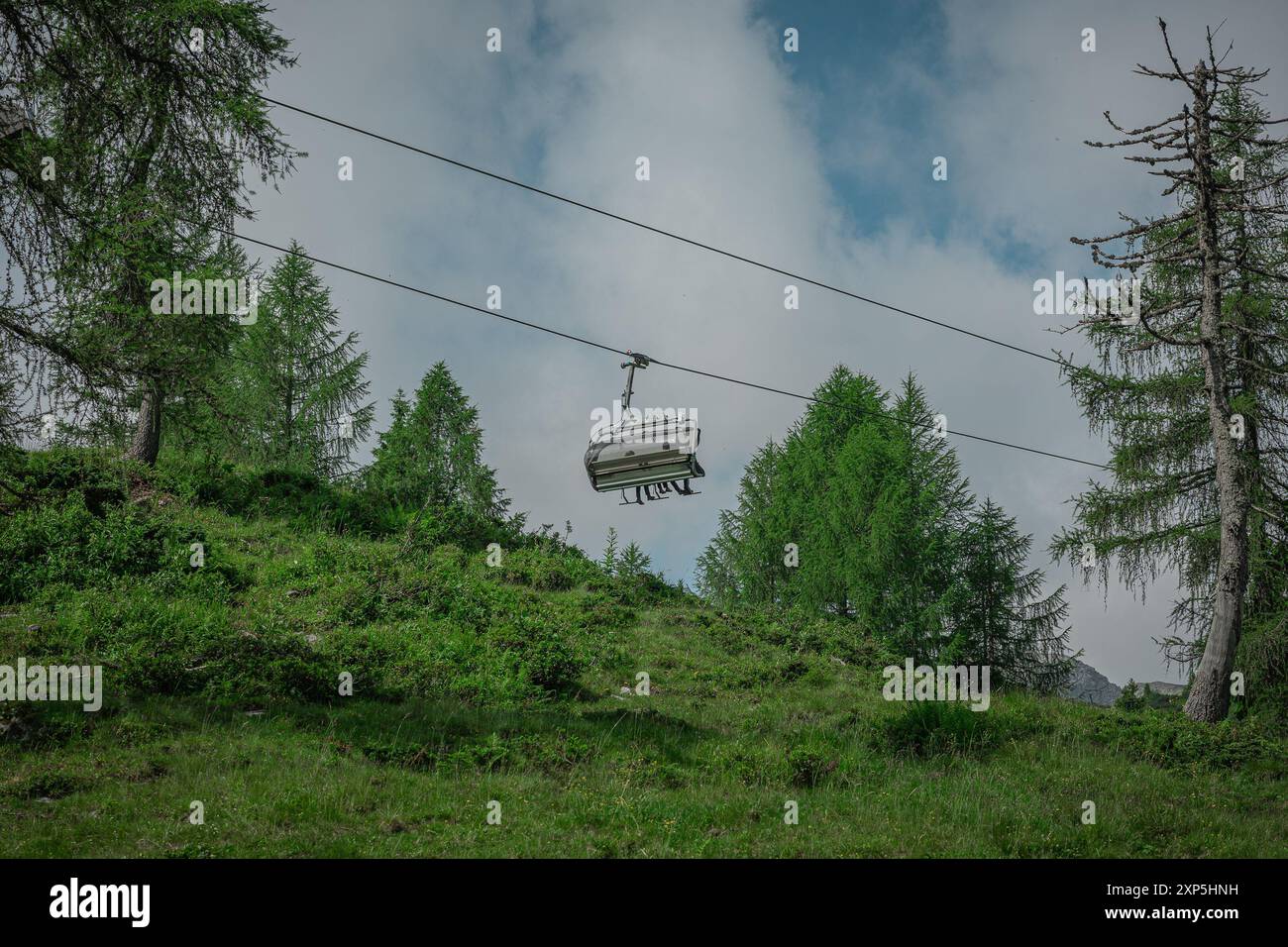 People riding the chair lift from lower to upper station of Nassfeld ...