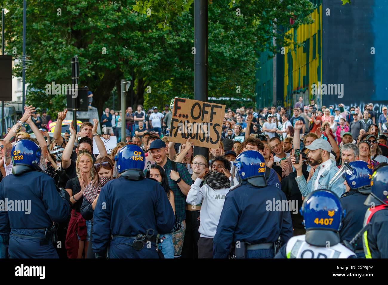 Bristol, UK. 3rd Aug, 2024. Anti racism activists are pictured as they ...