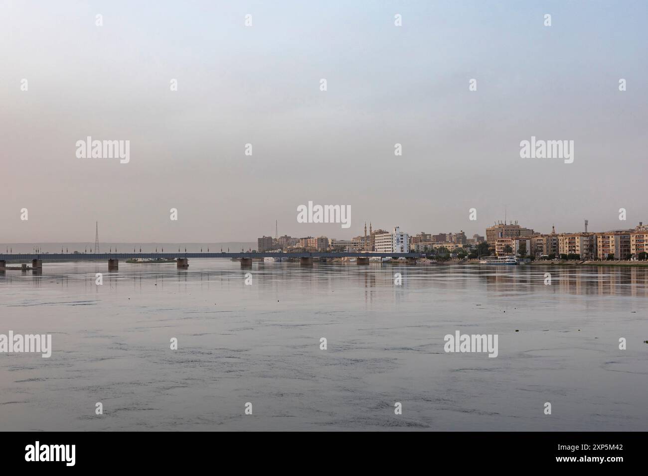 Evening view of the Nile river, from west bank, Sohag(Suhag,Suhaj) city ...