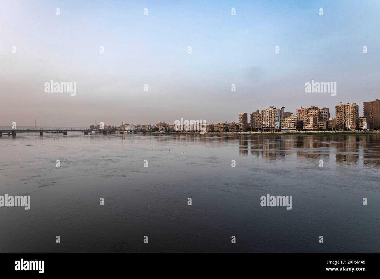 Evening view of the Nile river, from west bank, Sohag(Suhag,Suhaj) city ...