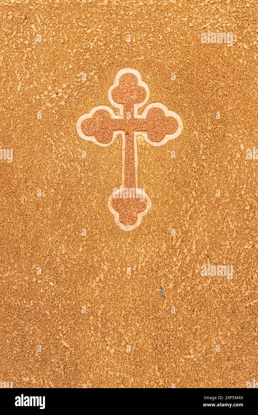 The Red Monastery, ancient ruined monastery, Coptic cross near entrance ...