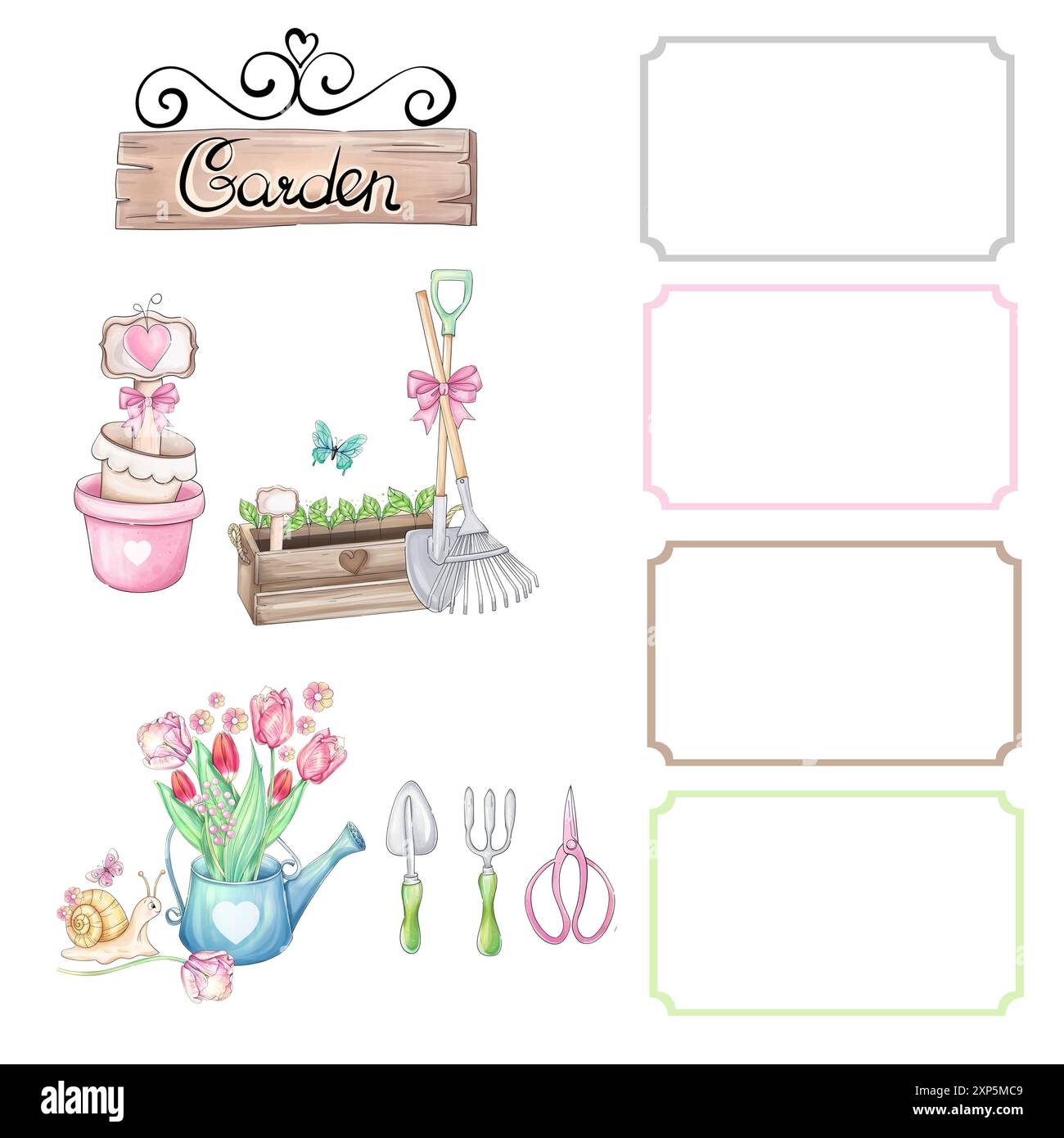Watercolor clipart of garden frames. Farmer tools, pots, signpost ...