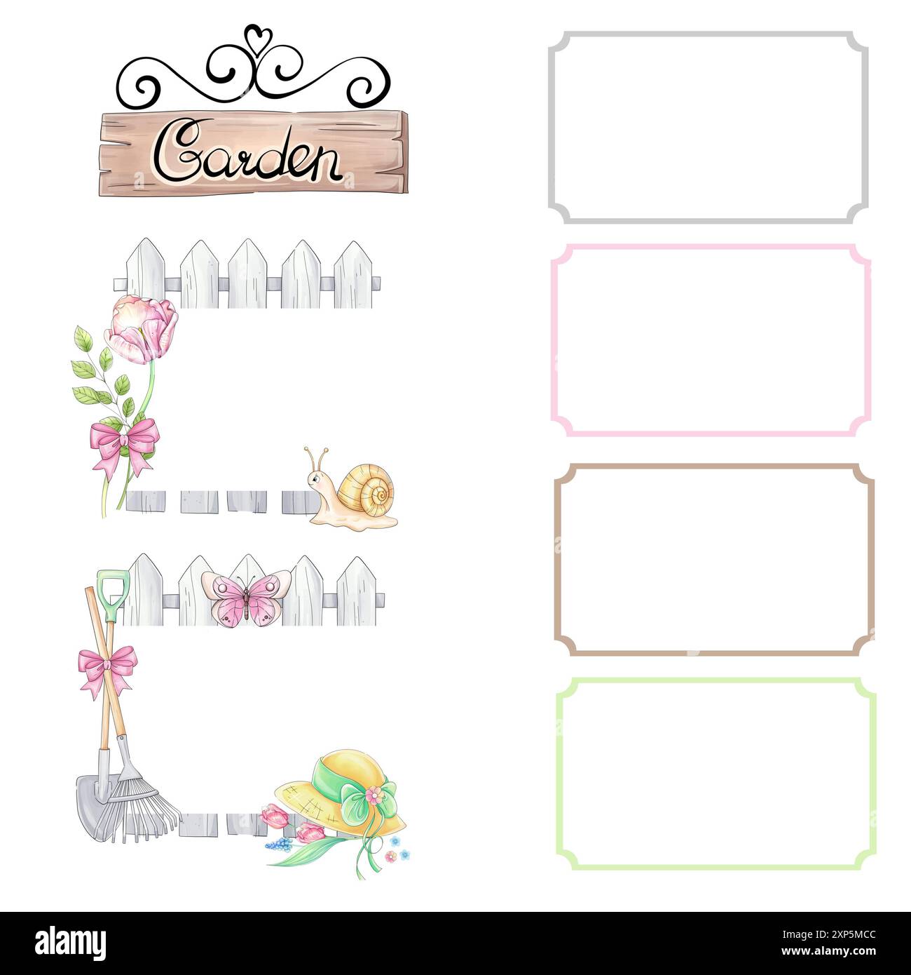 Set of watercolor hand draw garden frames. Farmer tools, pots, signpost ...