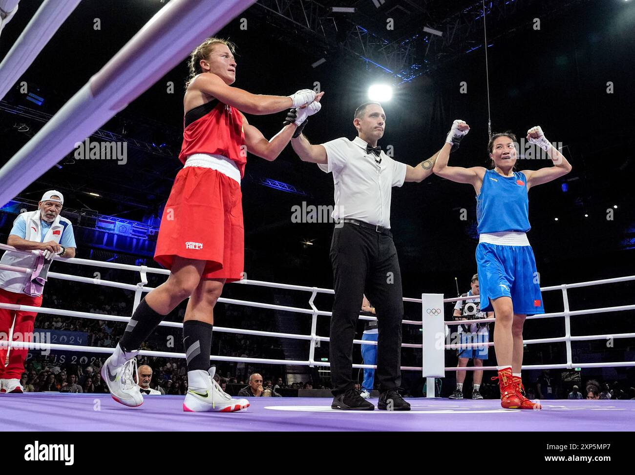 Paris, France. 3rd Aug, 2024. Yang Liu (R) of China celebrates after ...