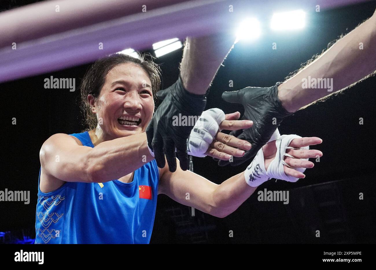 Paris, France. 3rd Aug, 2024. Yang Liu (L) of China shakes hands with ...