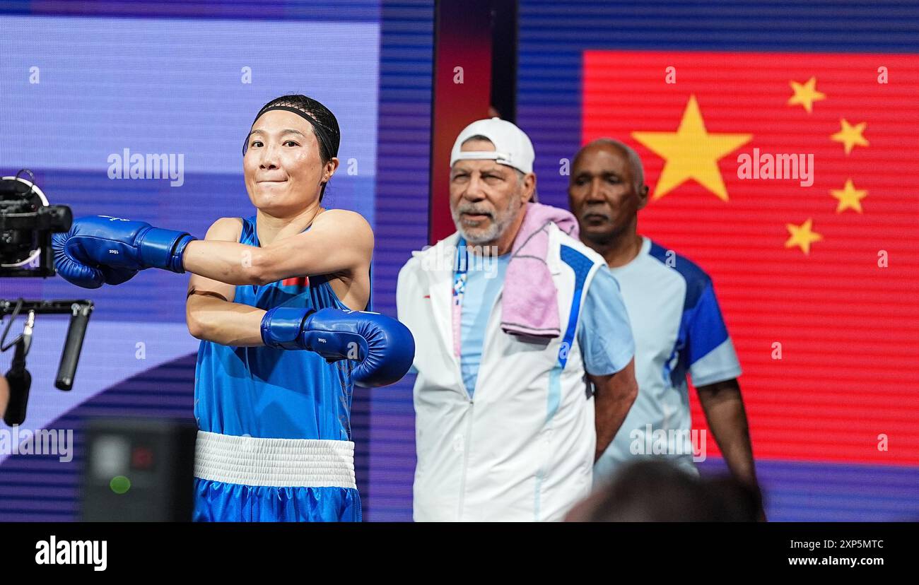 Paris, France. 3rd Aug, 2024. Yang Liu (L) of China reacts before ...
