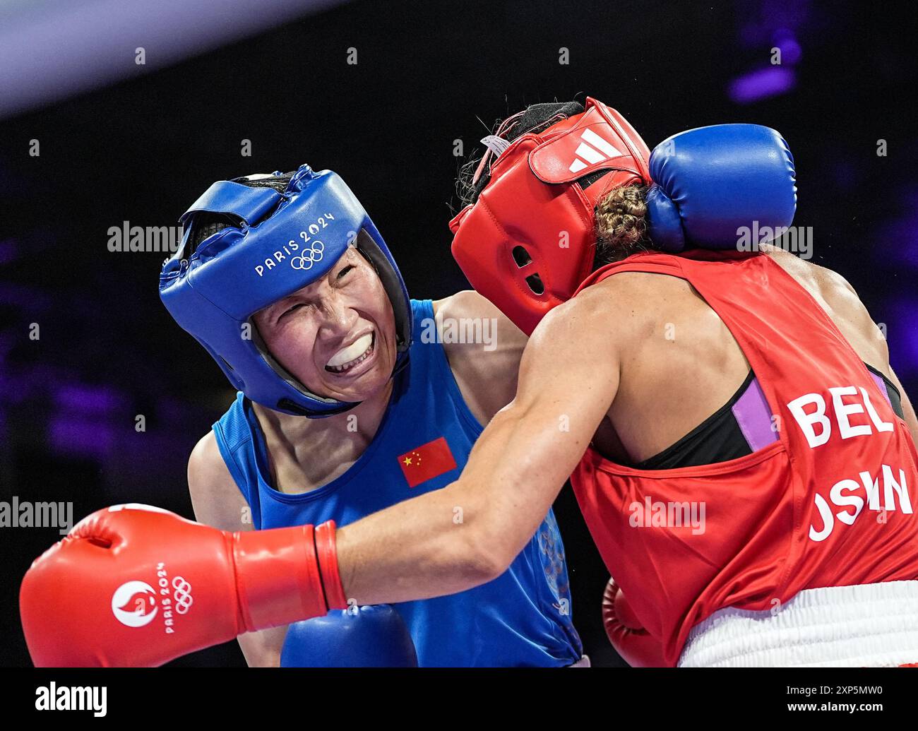 Paris, France. 3rd Aug, 2024. Yang Liu (L) of China competes against ...