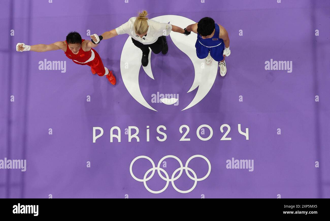 Paris, France. 3rd Aug, 2024. Wu Yu (L) of China and Chuthamat Raksat ...