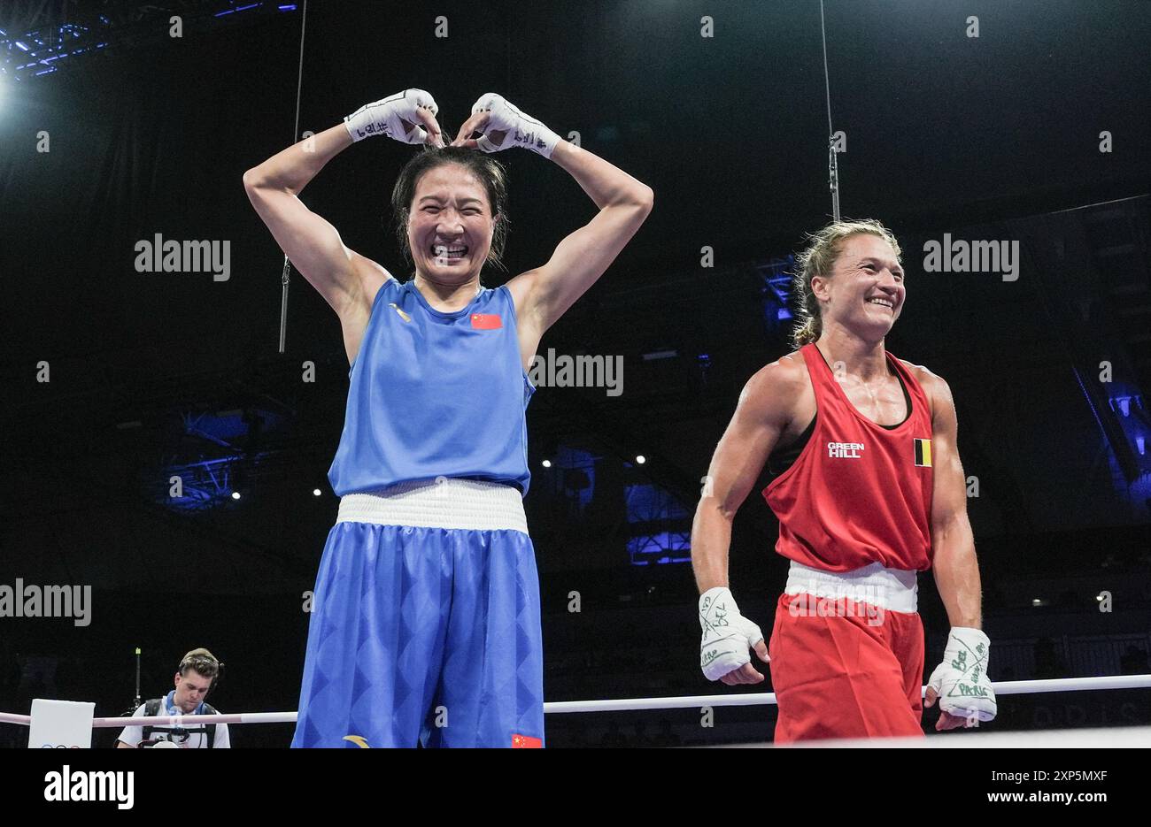 Paris, France. 3rd Aug, 2024. Yang Liu (L) of China celebrates after ...