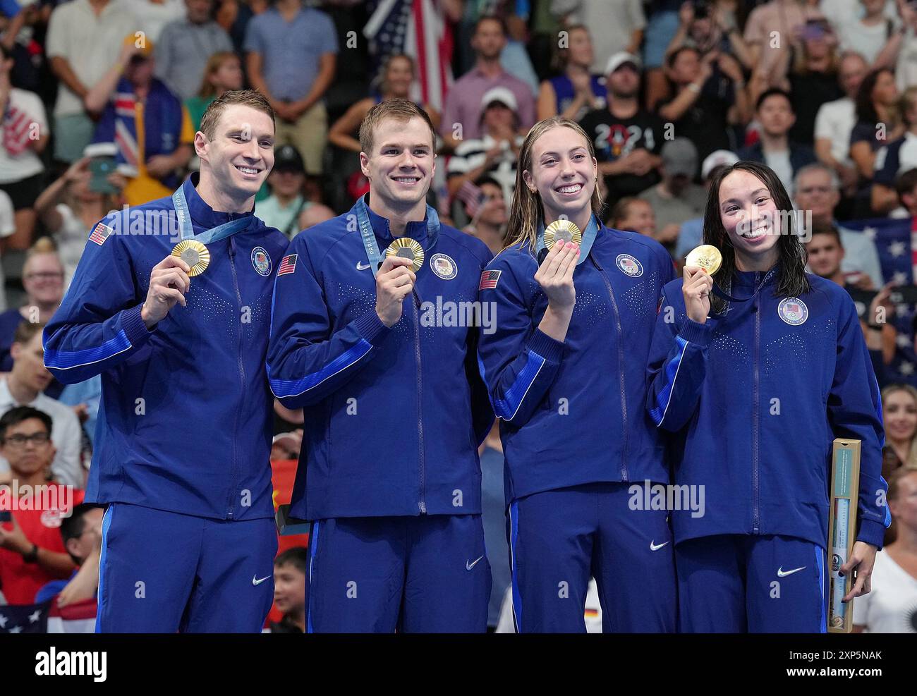 Paris, France. 3rd Aug, 2024. Gold medalists team USA attend the ...