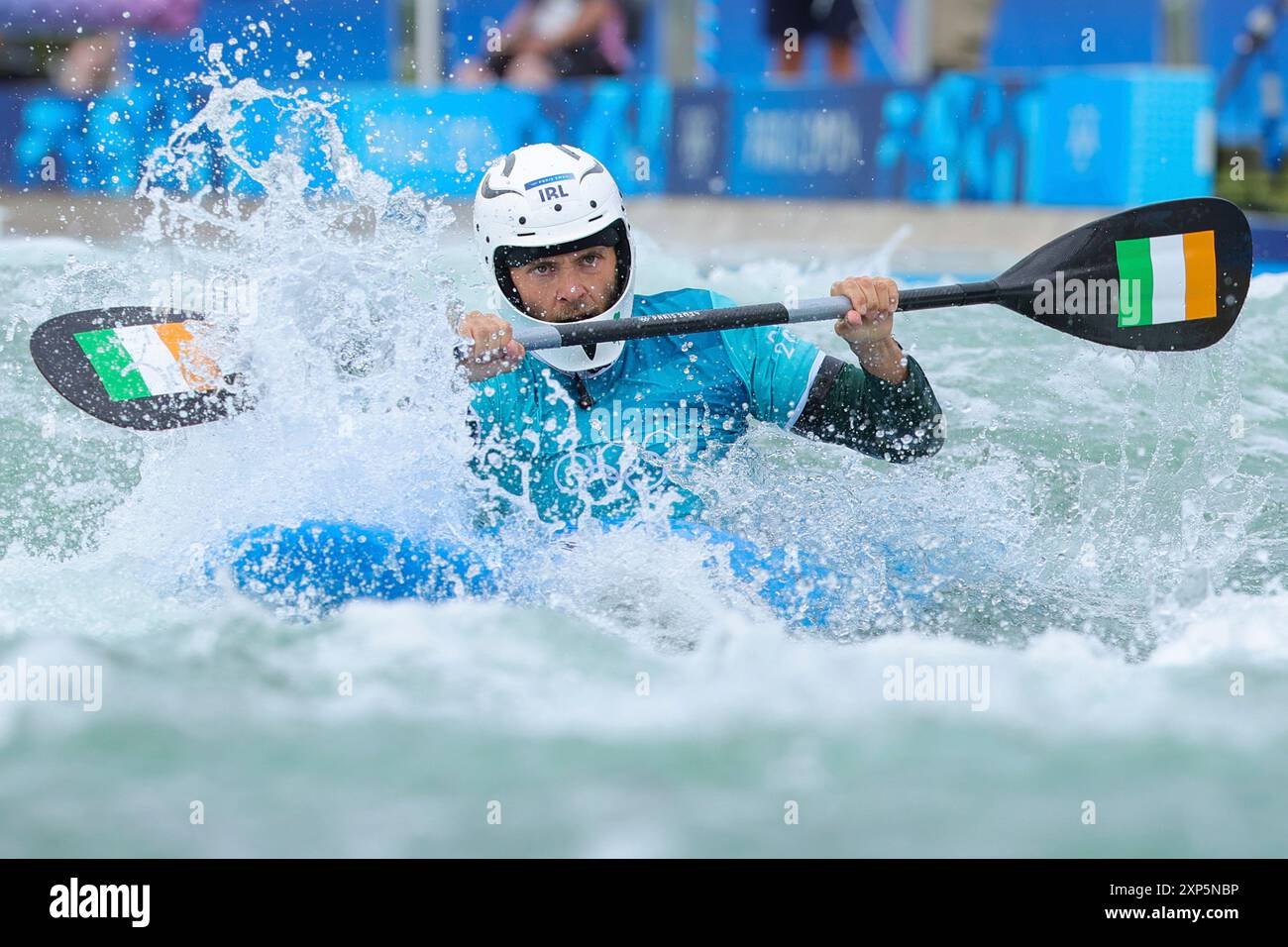 Liam Jegou of Ireland competes during the men's kayak cross round 1 of ...