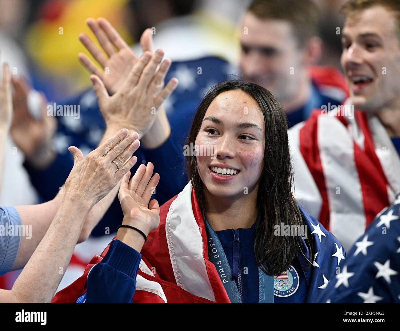 Paris, France. 3rd Aug, 2024. Torri Huske of team USA celebrates after ...