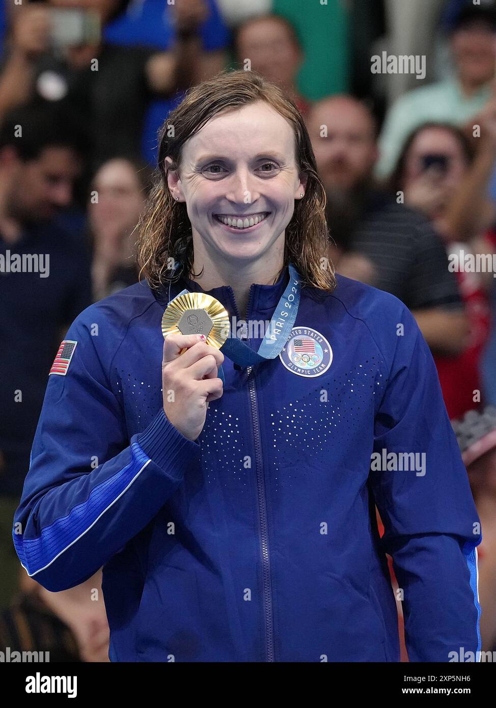 Paris, France. 3rd Aug, 2024. Gold medalist Katie Ledecky of the United ...