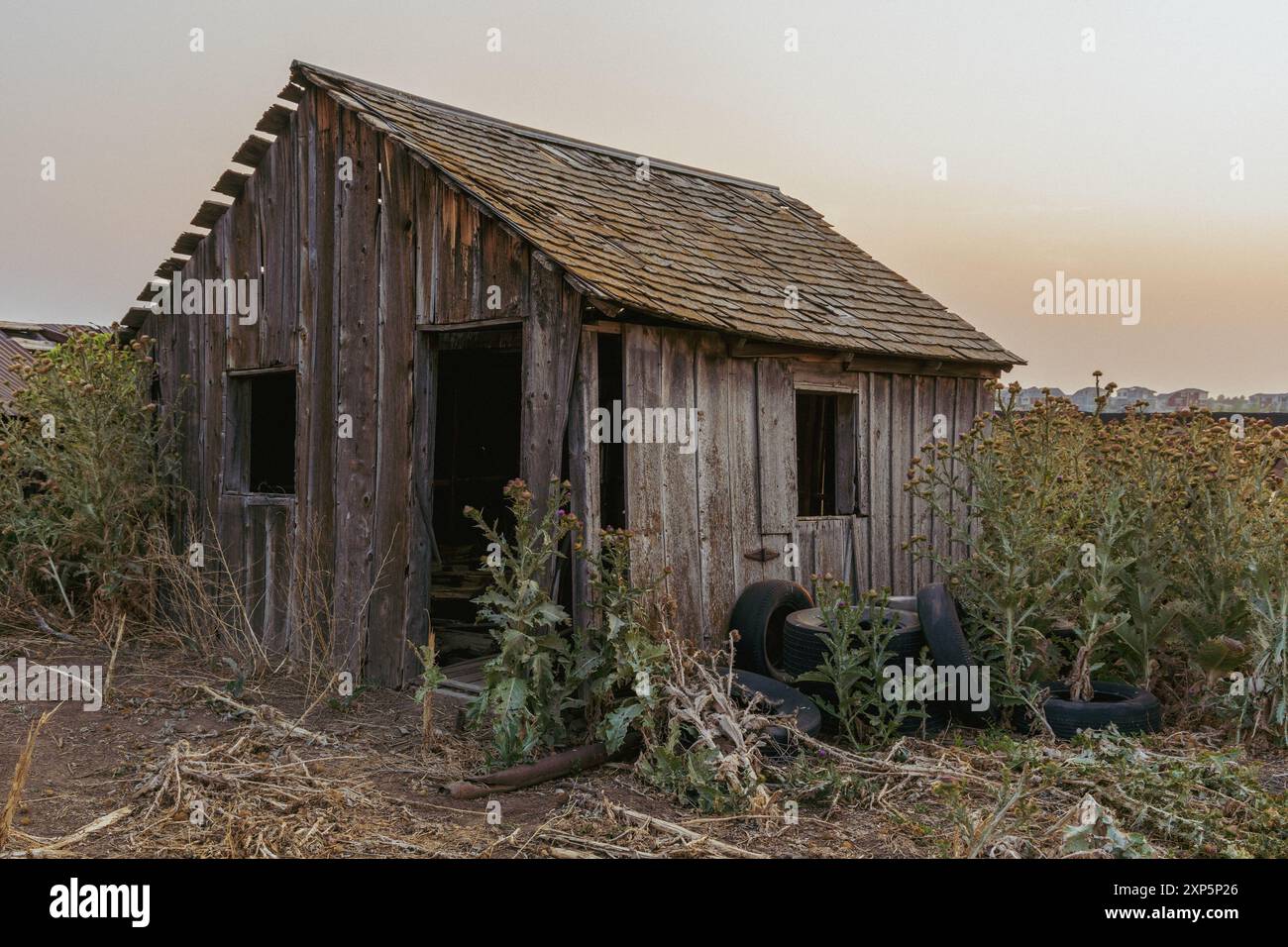 Abandoned farm ruins with barns and agriculture equipment in the ...