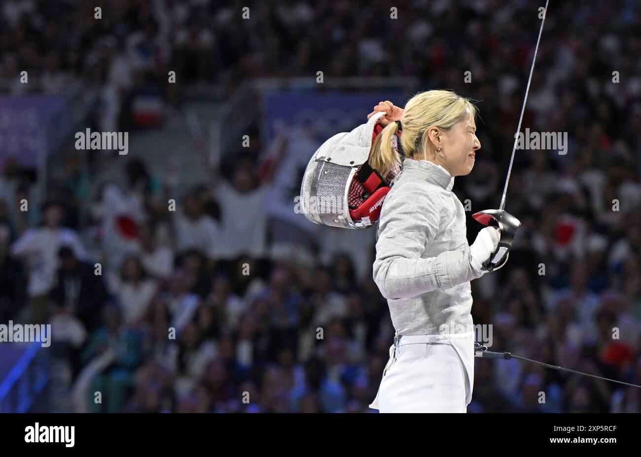 EMURA Misaki of Japan reacts after winning the women's fencing sabre ...