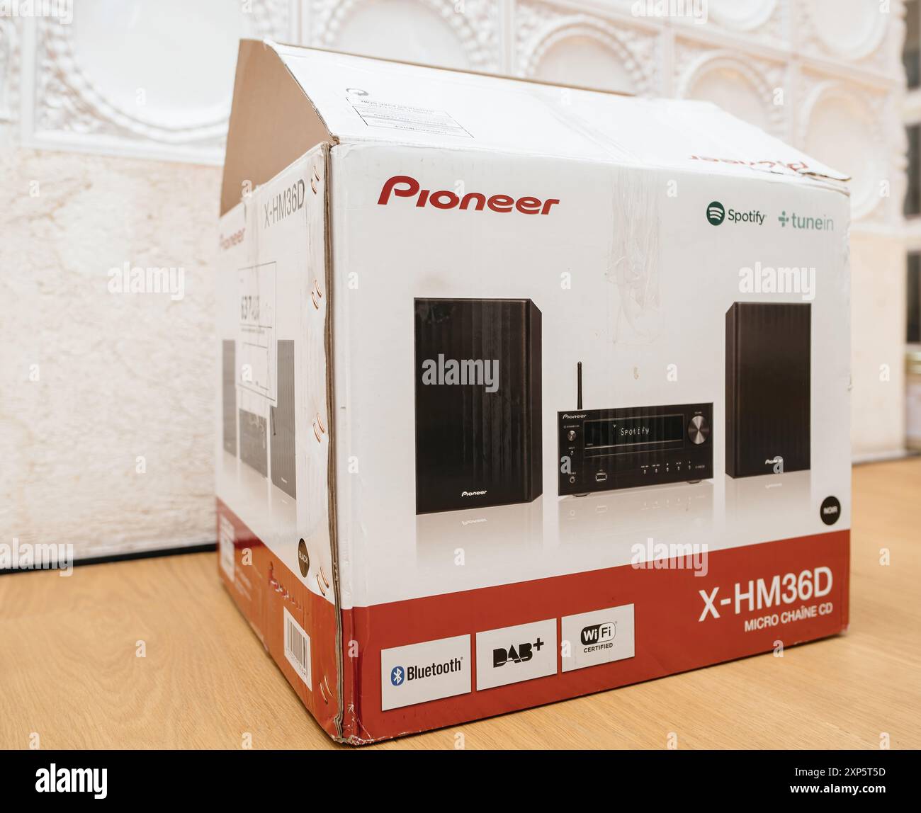 Paris, France - Mar 21, 2024: Cardboard box packaging of the Pioneer X ...