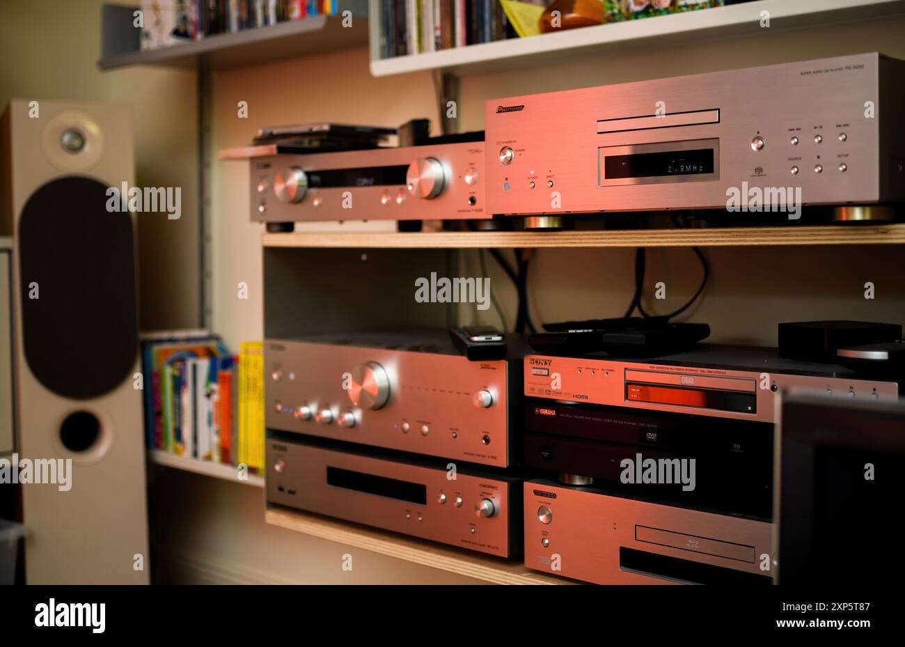 Paris, France - Aug 1, 2024: Vitsoe shelves with multiple Onkyo hi-fi ...