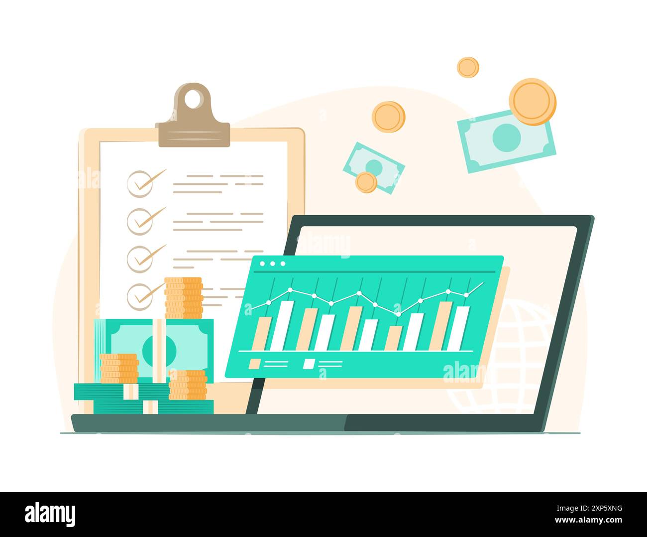 Stack of Cash Money and Laptop Computer with Trading Graph Report for ...