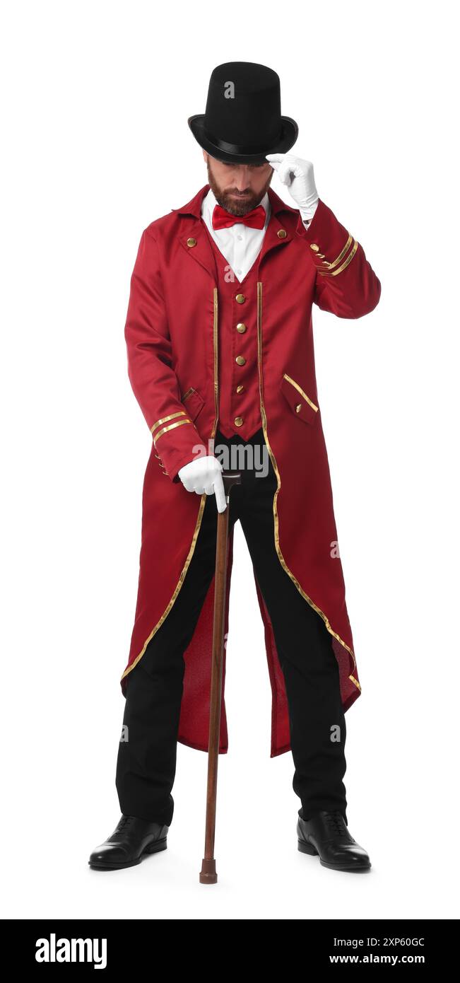 Portrait of showman in red costume and hat on white background Stock ...