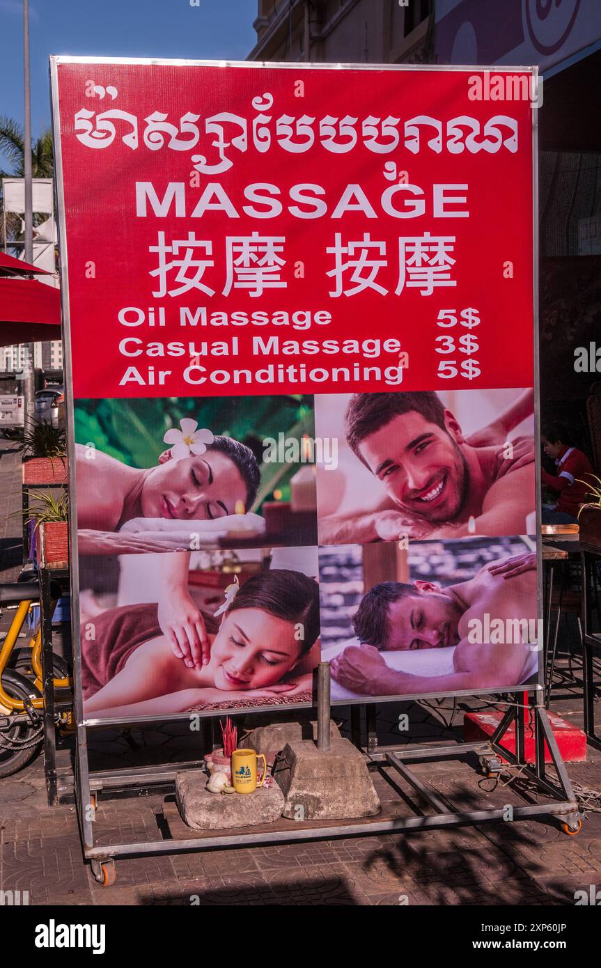 Trilingual massage sign near the riverside, Phnom Penh, Cambodia ...