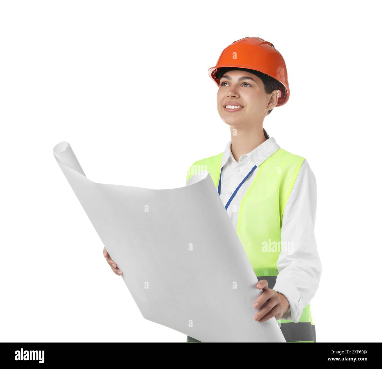 Engineer in hard hat with draft on white background Stock Photo - Alamy