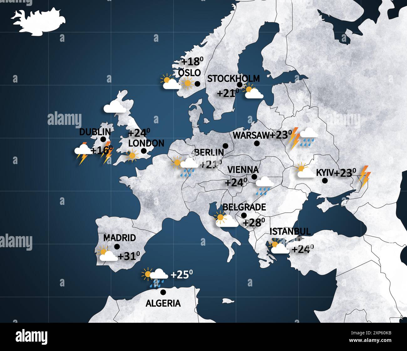 Weather forecast shown on map of Europe. illustration with city names ...