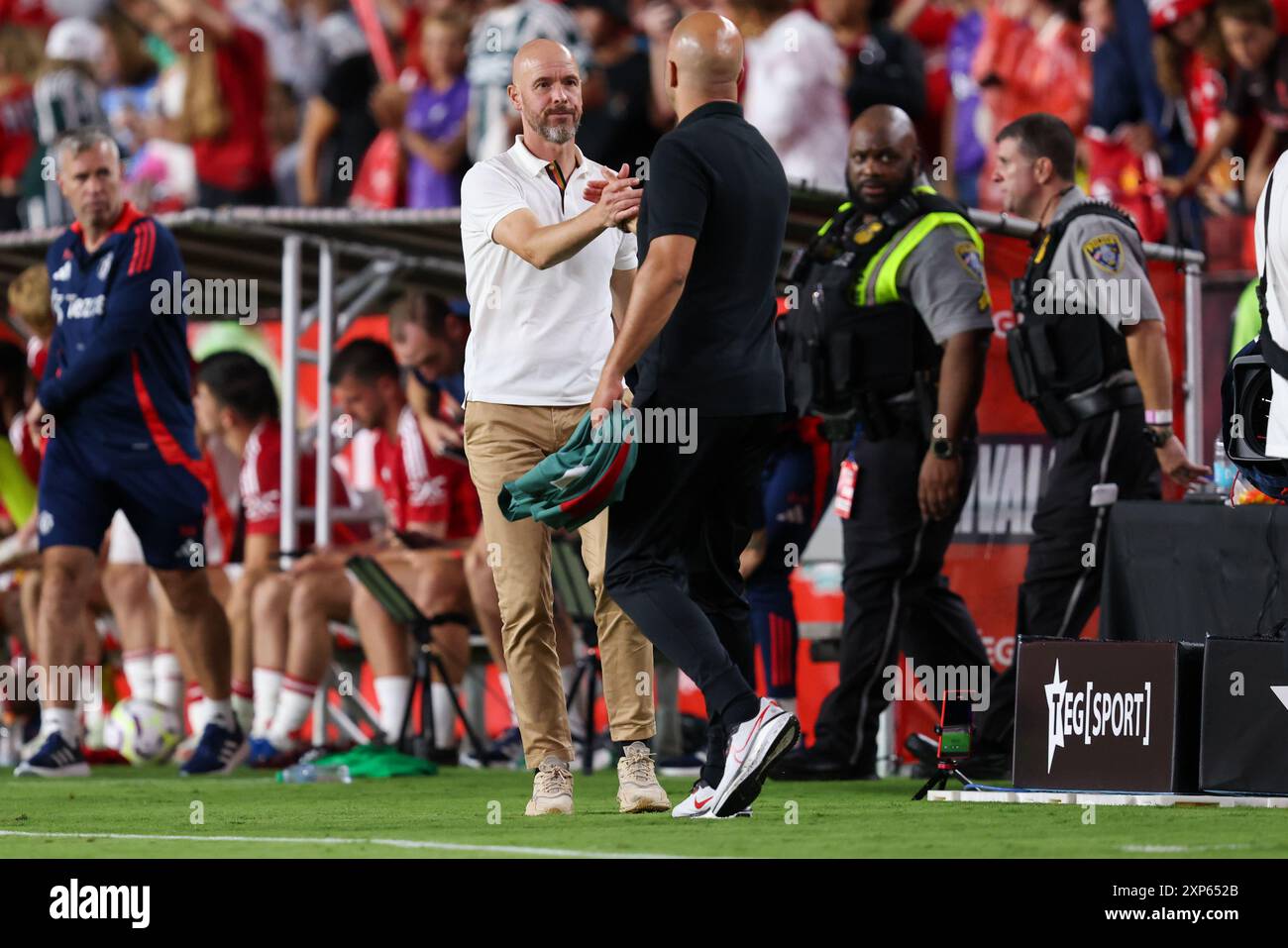 August 3, 2024: Liverpool head coach Arne Slot and Manchester United manager Erik Ten Hag shake ...