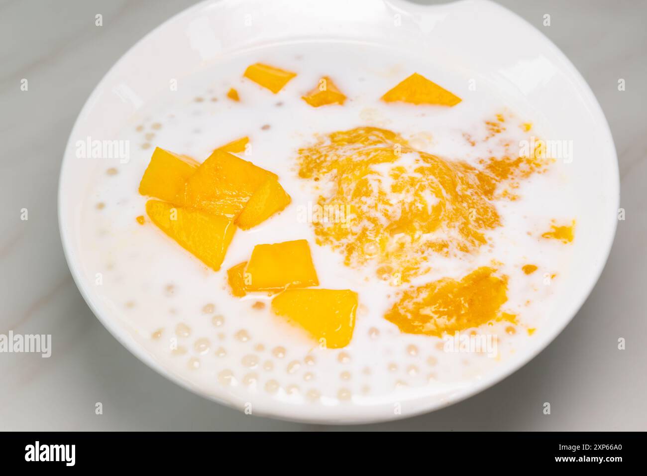 angle view mango pomelo sago with ice cream at horizontal composition ...